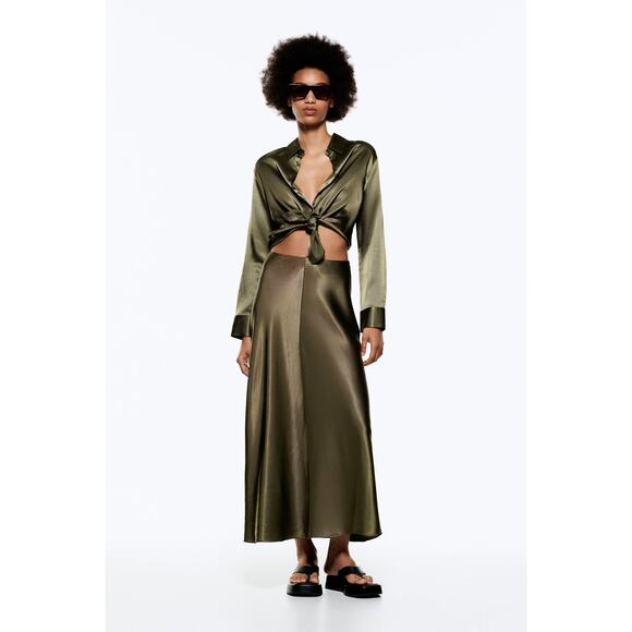 Zara | Dresses | Zara Long Satin Effect Satin Long Sleeve Midi Dress S Greenish | Poshmark